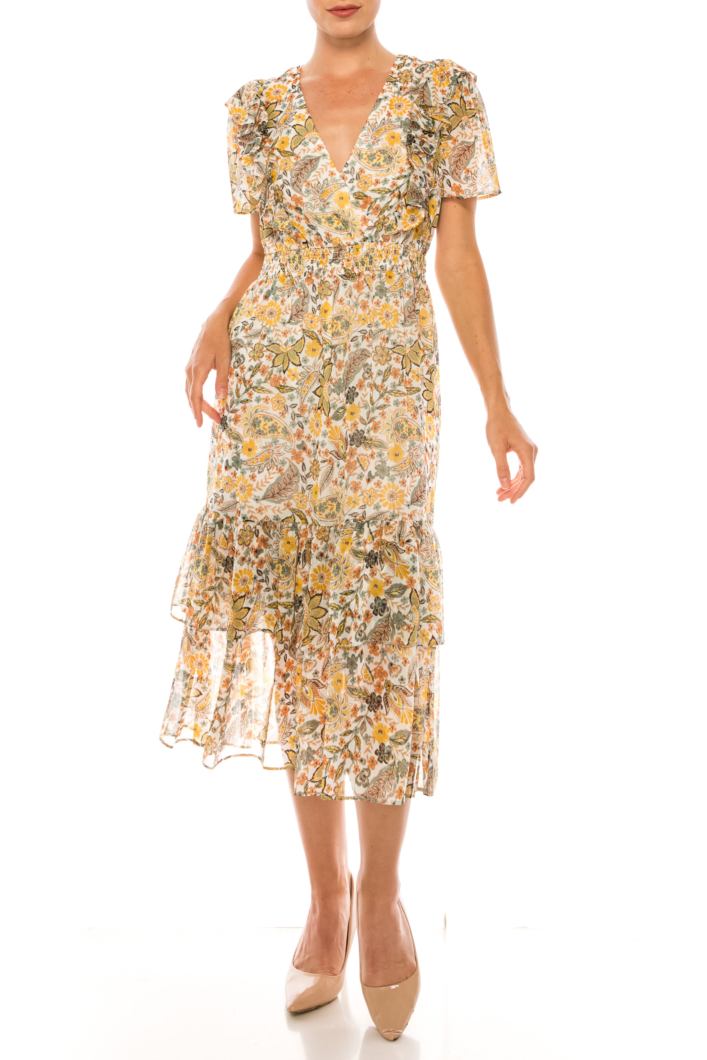 Donna Morgan Orange Multi Floral Print Short Sleeve Midi Dress – New ...