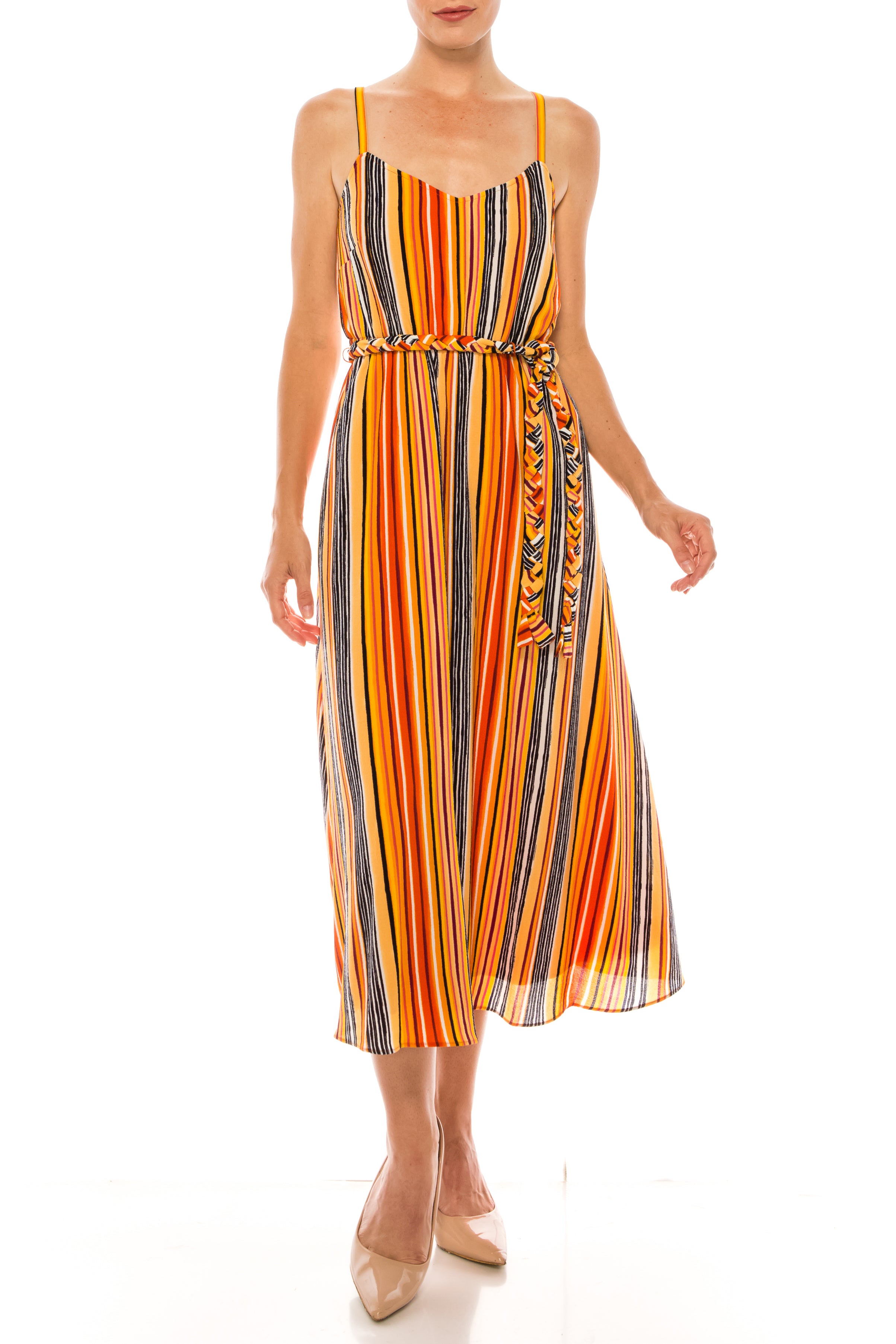 Donna Morgan Soft White Orange Spaghetti Strap Striped Midi Dress – New ...