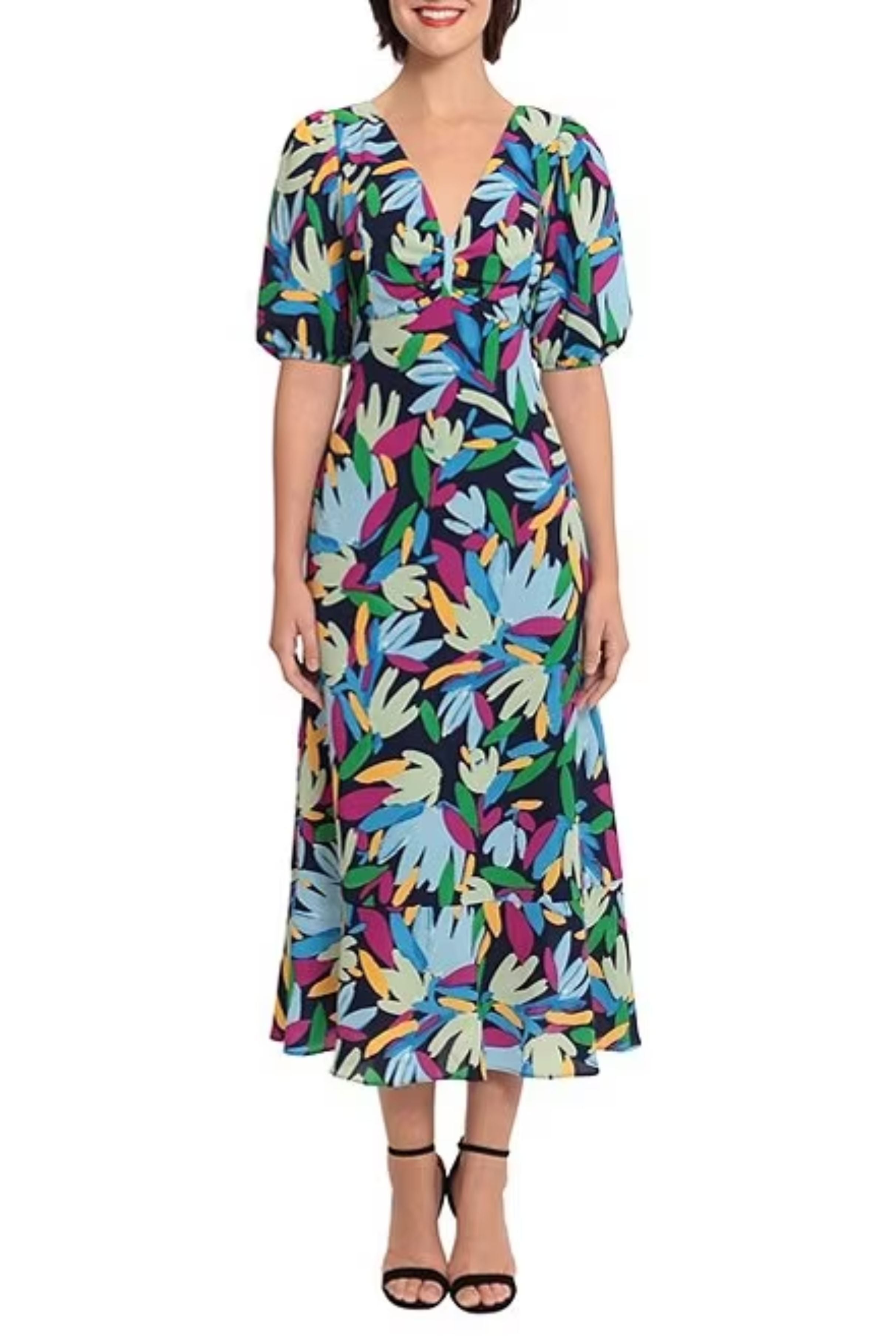 Donna Morgan Short Sleeve Leaf Print Midi Dress – New Yorker's Apparel