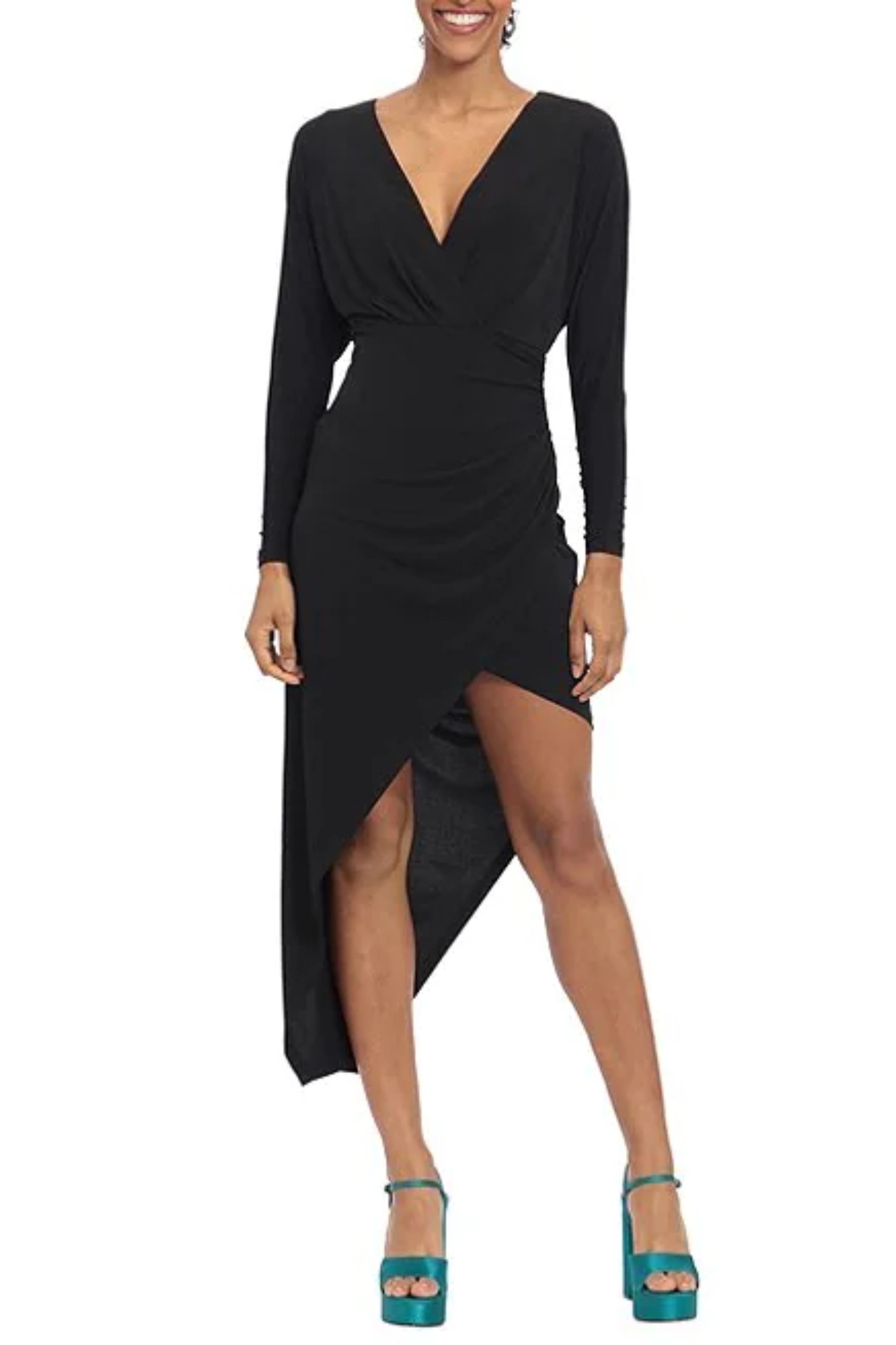 Donna Morgan Long Sleeve Faux Wrap Oblique Dress – New Yorker's Apparel