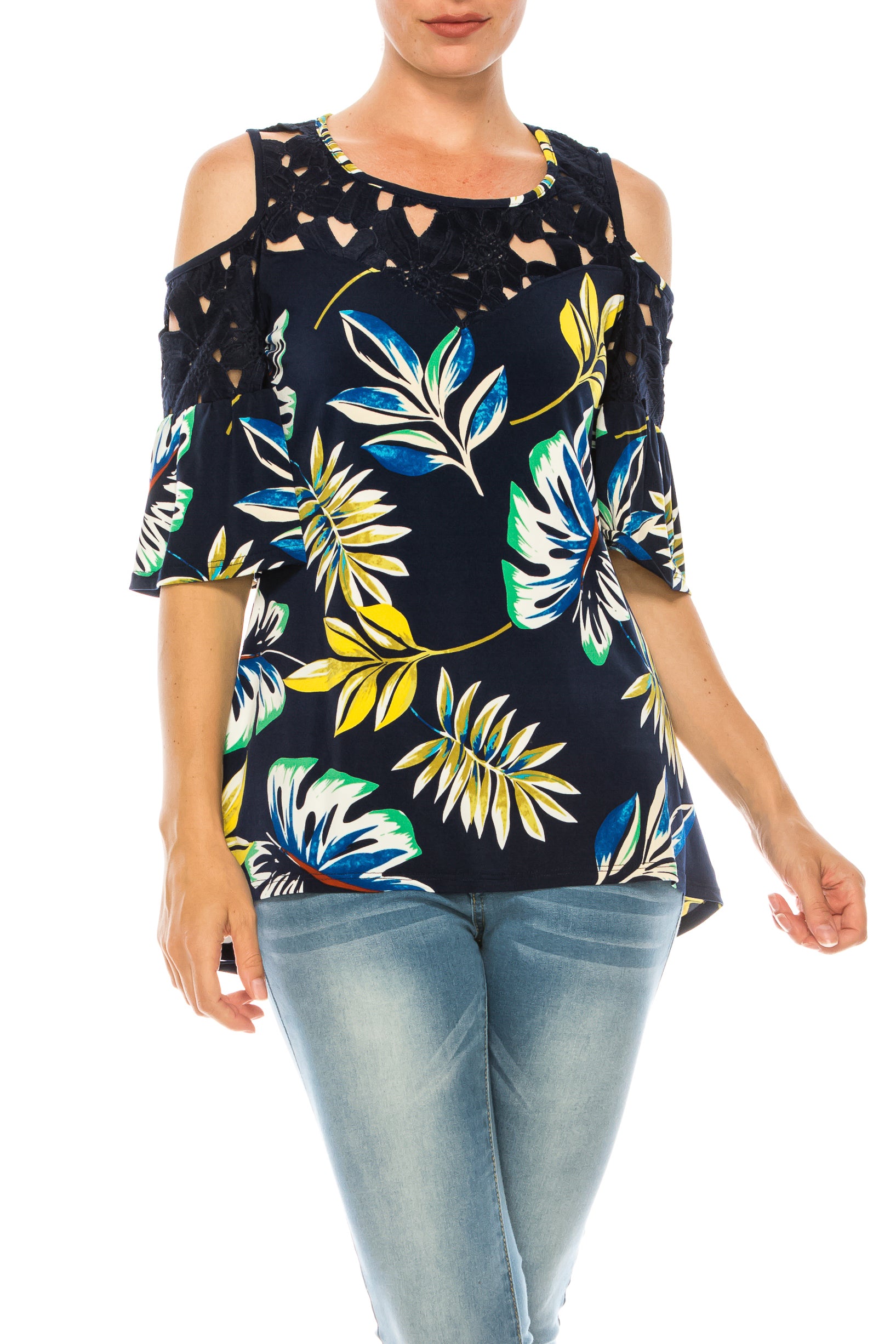 Nygard Navy Palm Print Cold Shoulder Top – New Yorker's Apparel