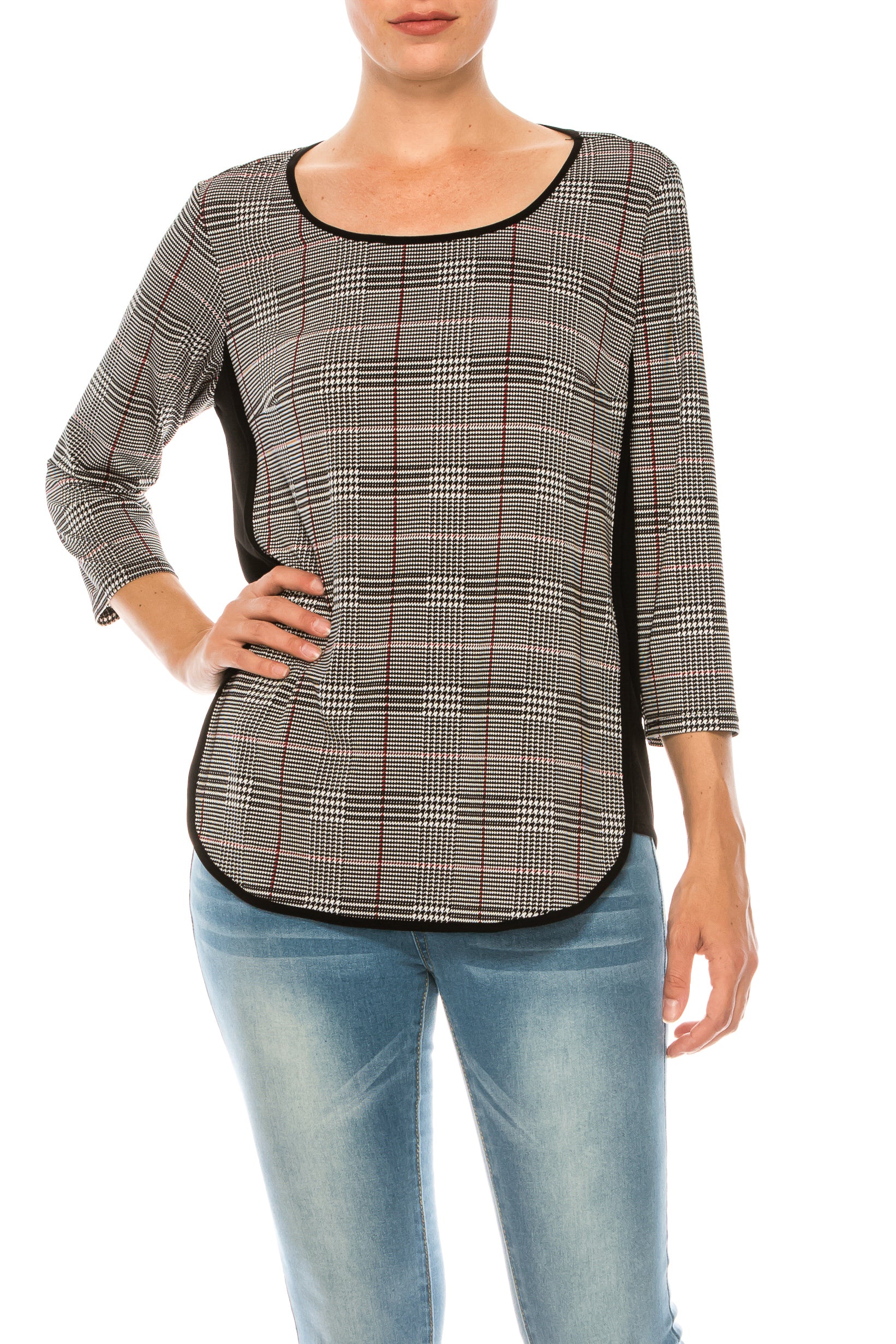 Nygard Black Glenplaid Print 3/4 Sleeve Scoop Neck Top – New Yorker's ...