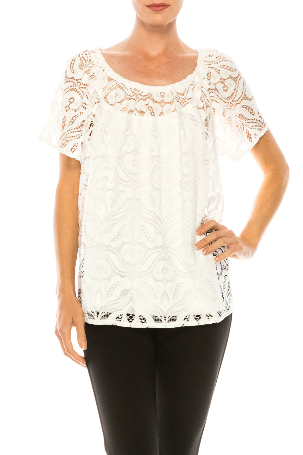 Grand & Greene White Lace Short Sleeve Elastic Boat Neckline Top – New ...