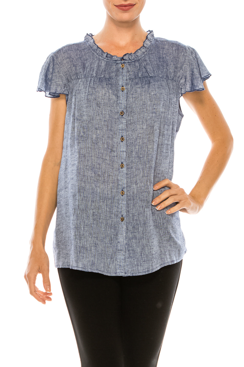 Linen Blend by Hester & Orchard Ruffle Cap Sleeve Button Up Top – New ...